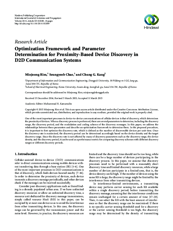 (PDF) Optimization Framework and Parameter Determination for Proximity-Based Device Discovery in ...