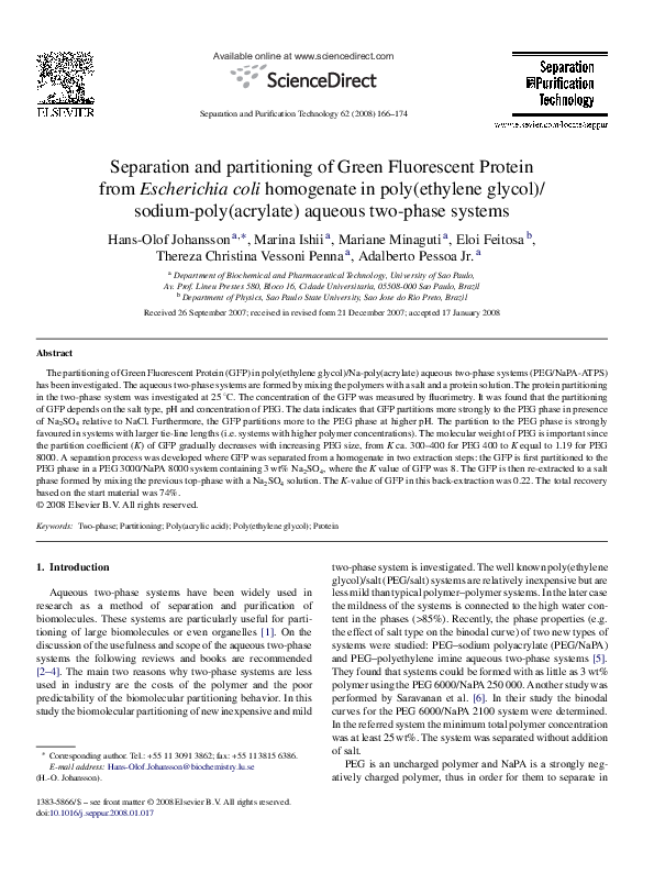 (PDF) Separation and partitioning of Green Fluorescent Protein from Escherichia coli homogenate ...