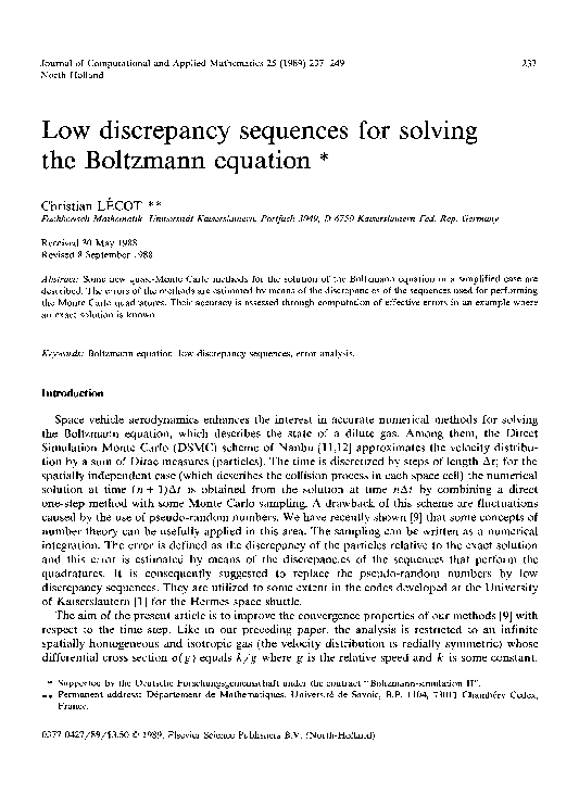 (PDF) Low discrepancy sequences for solving the Boltzmann equation