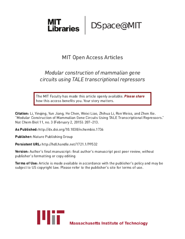 (PDF) Modular construction of mammalian gene circuits using TALE ...