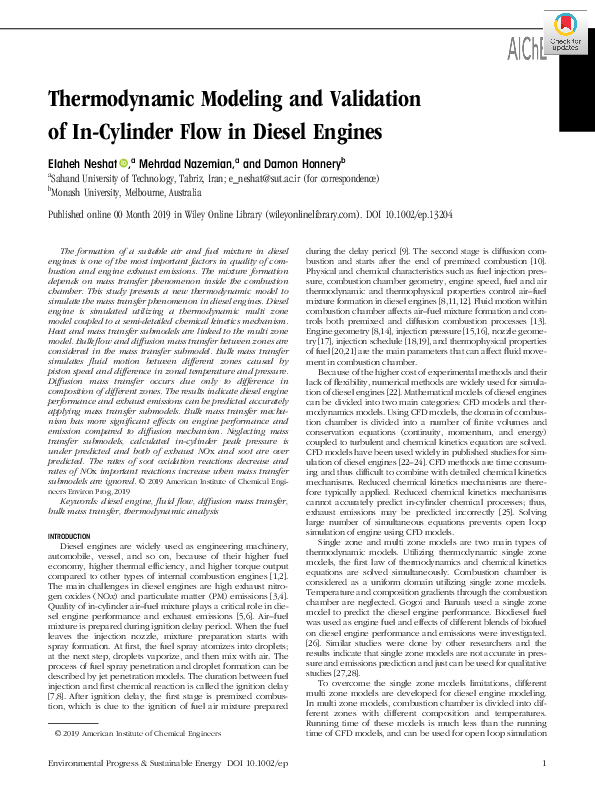 (PDF) Thermodynamic modeling and validation of in‐cylinder flow in diesel engines