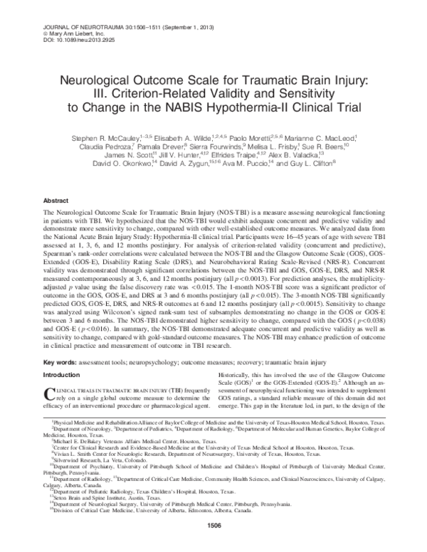 Neurological Outcome Scale for Traumatic Brain Injury: III. Criterion ...
