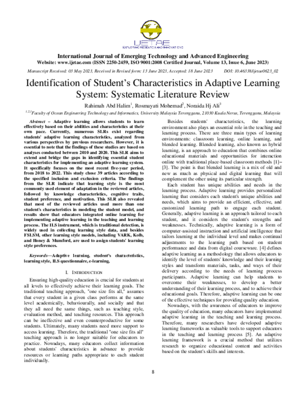 (PDF) Identification of Student’s Characteristics in Adaptive Learning ...