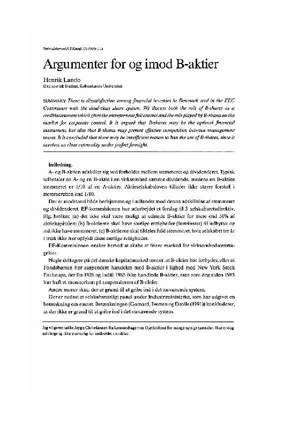 (PDF) Argumenter for og imod B-aktier