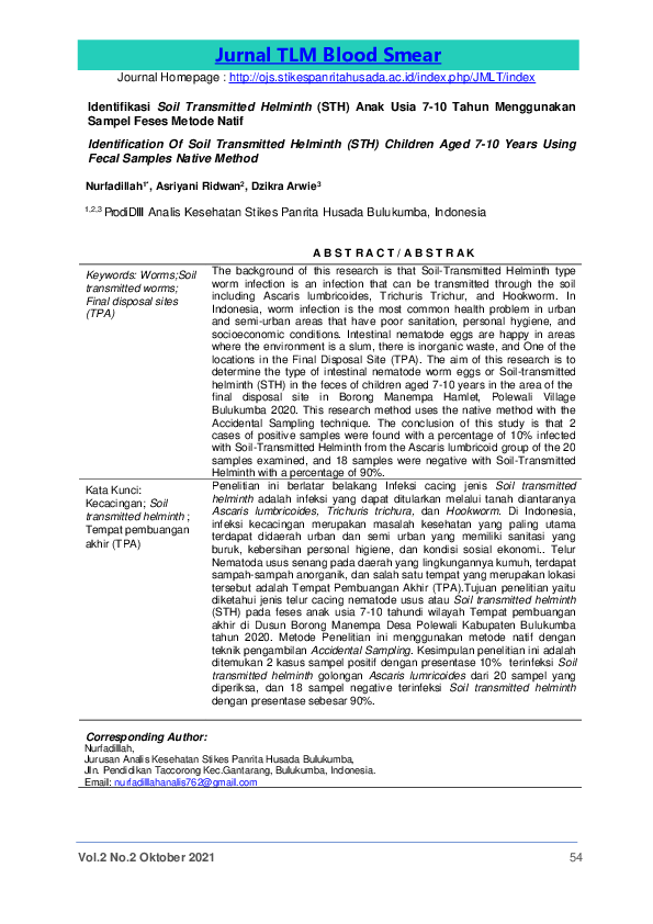(PDF) Identifikasi Soil Transmitted Helminth (STH) Anak Usia 7-10 Tahun Menggunakan Sampel Feses ...
