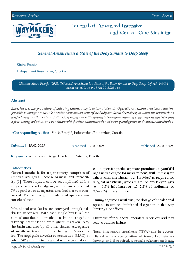 (PDF) General Anesthesia is a State of the Body Similar to Deep Sleep