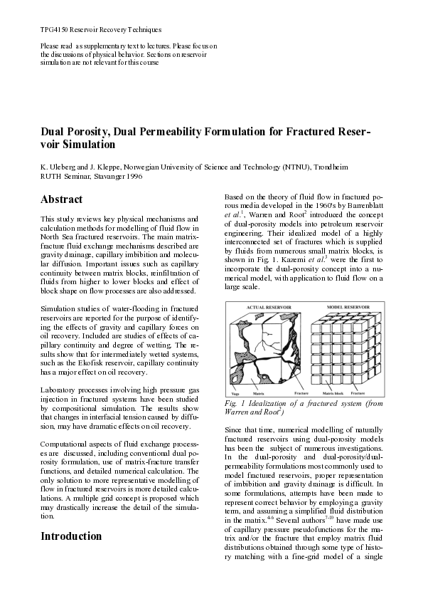 (PDF) Dual Porosity, Dual Permeability Formulation for Fractured Reser- voir Simulation