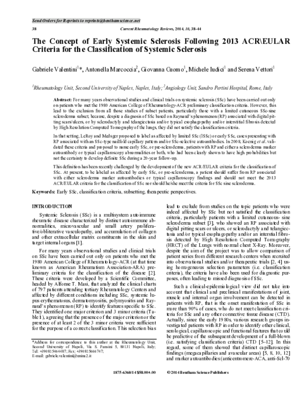 (PDF) The Concept of Early Systemic Sclerosis Following 2013 ACR\EULAR ...