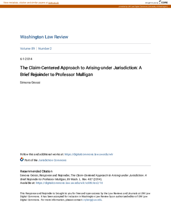 (PDF) The Claim-Centered Approach to Arising-Under Jurisdiction: A ...