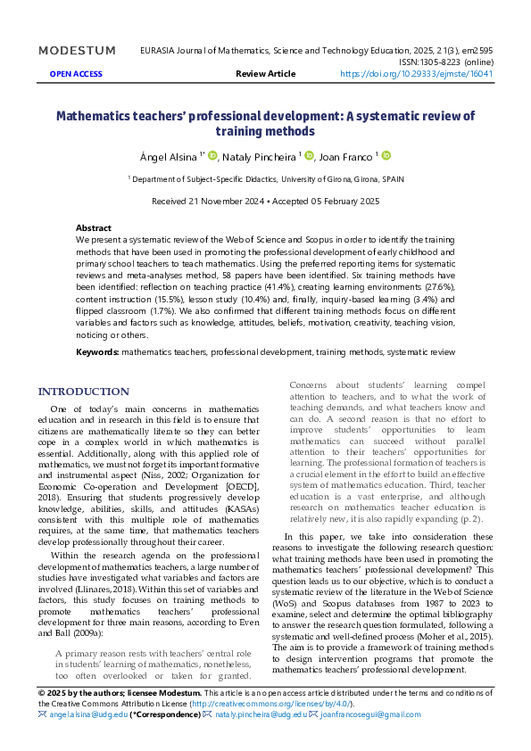 (PDF) Mathematics teachers' professional development: A systematic review of training methods