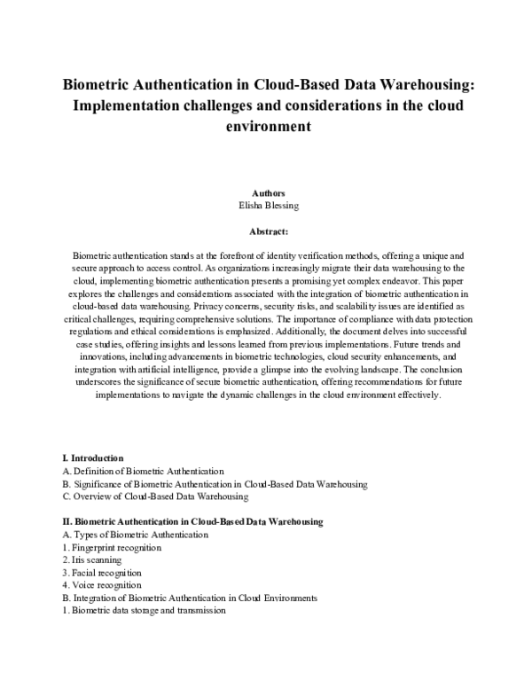 (PDF) Biometric Authentication in Cloud-Based Data Warehousing: Implementation challenges and ...