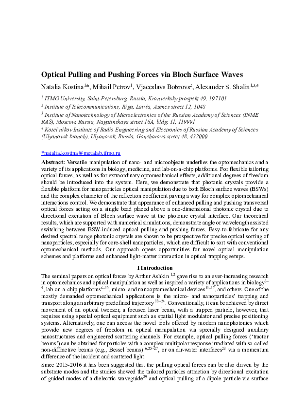 (PDF) Optical pulling and pushing forces via Bloch surface waves