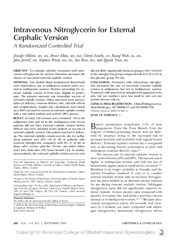 (PDF) Intravenous Nitroglycerin for External Cephalic Version