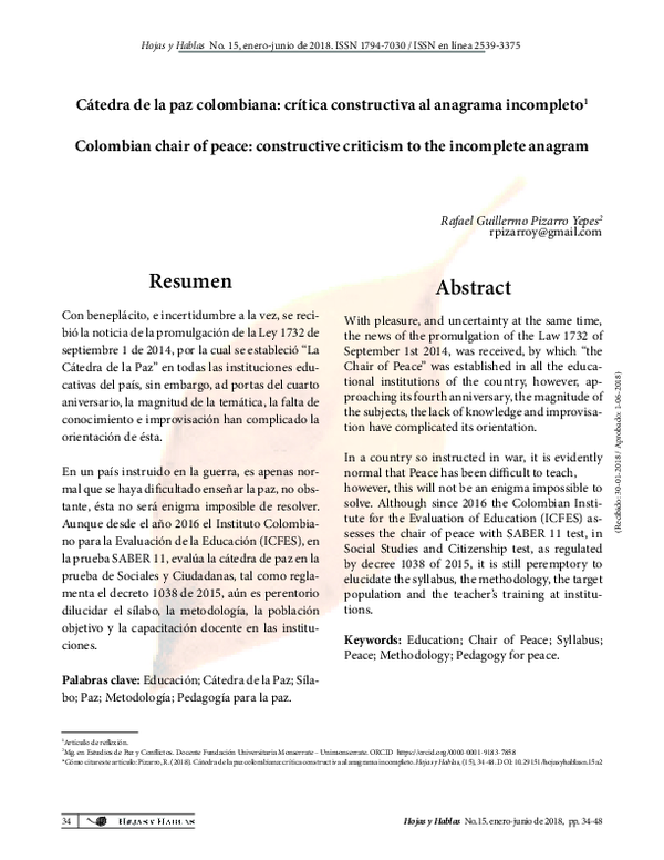 (PDF) Cátedra de la paz colombiana: crítica constructiva al anagrama incompleto
