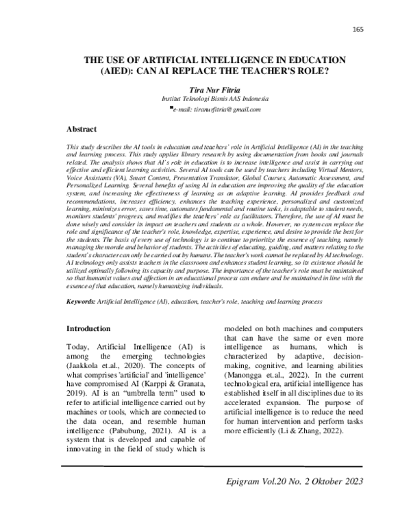 (PDF) THE USE OF ARTIFICIAL INTELLIGENCE IN EDUCATION (AIED): CAN AI REPLACE THE TEACHER'S ROLE
