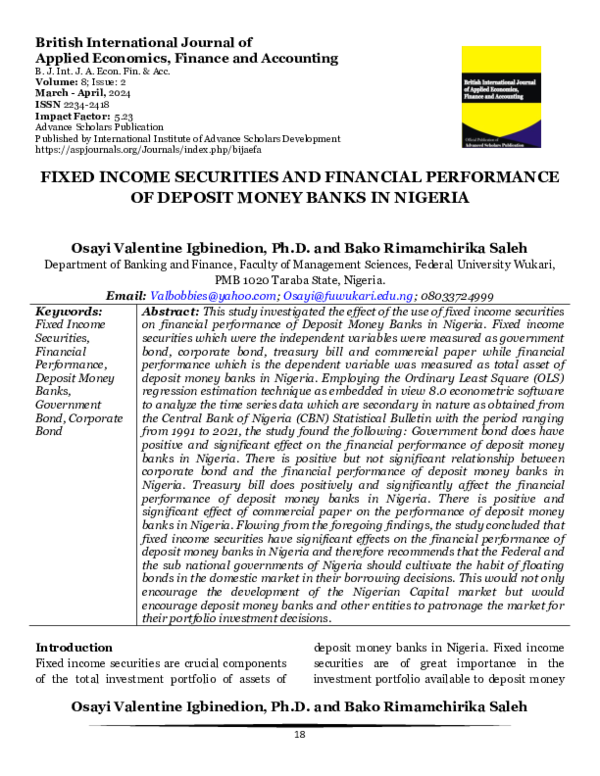 (PDF) FIXED INCOME SECURITIES AND FINANCIAL PERFORMANCE OF DEPOSIT ...