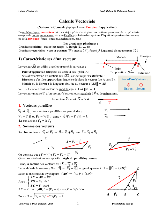 (PDF) Cours Exercice corrigé : Calculs Vectoriels PHYS1 ST26
