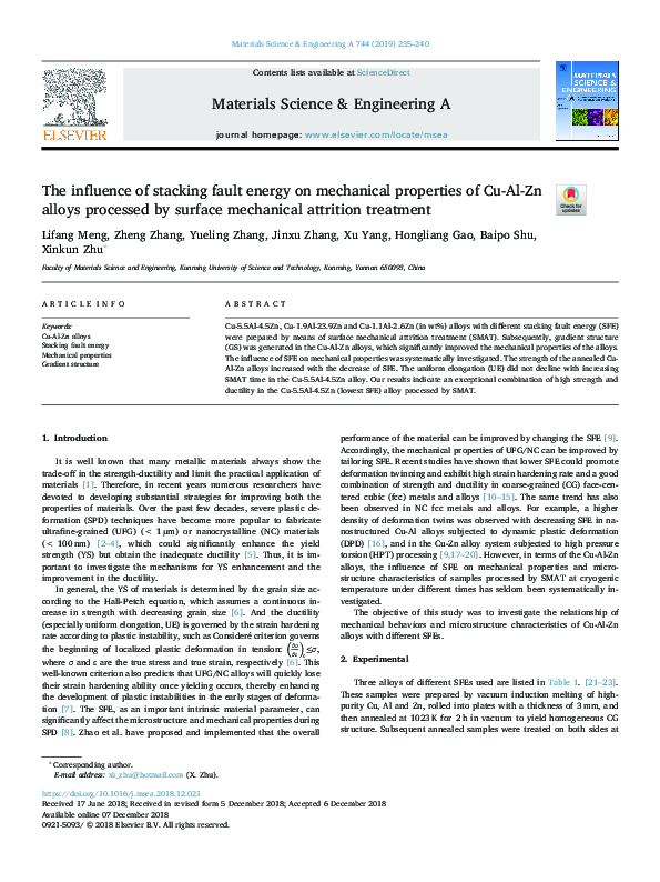 (PDF) The influence of stacking fault energy on the mechanical behavior of Cu and Cu-Al alloys ...