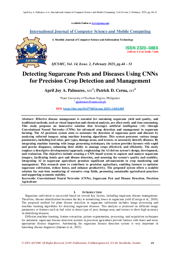 Pdf Detecting Sugarcane Pests And Diseases Using Cnns For Precision Crop Detection And Management