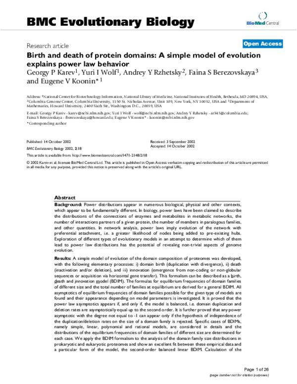 (PDF) Birth and death of protein domains: A simple model of evolution ...