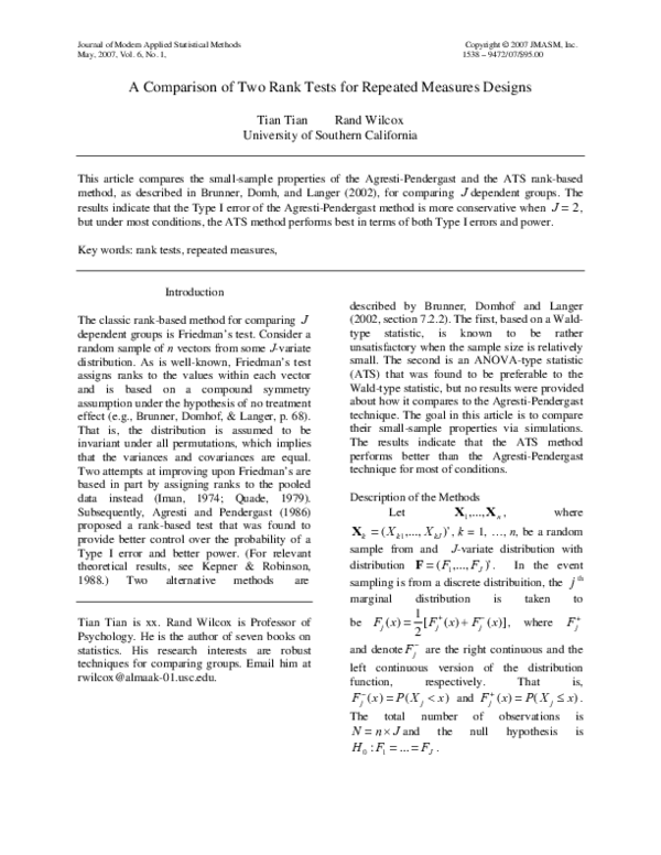 (PDF) A Comparison of Two Rank Tests for Repeated Measure Designs