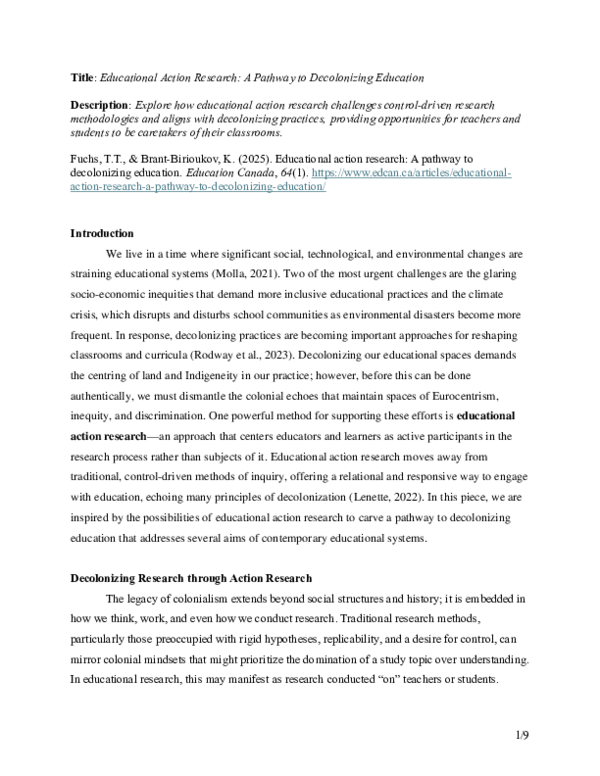 (PDF) Educational Action Research A Pathway to Decolonizing Education