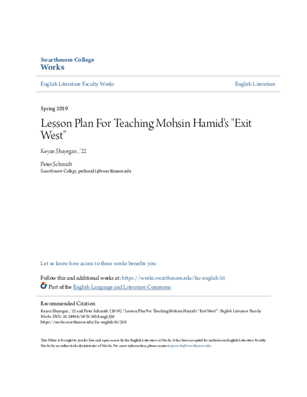 (PDF) Lesson Plan For Teaching Mohsin Hamid's "Exit West