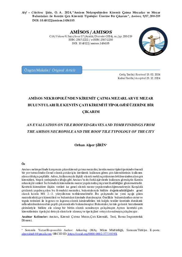(PDF) Amisos Nekropolünden Kiremit Çatma Mezarlar ve Mezar Buluntuları ...