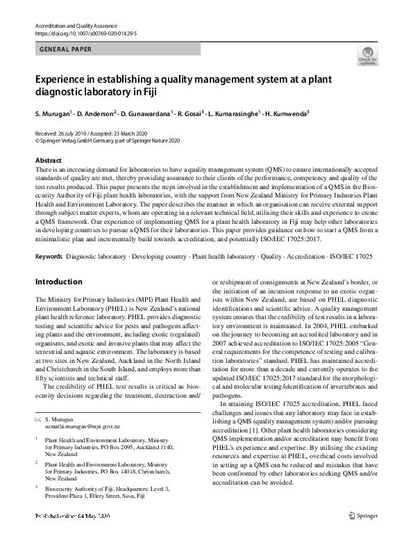 (PDF) Experience in establishing a quality management system at a plant ...