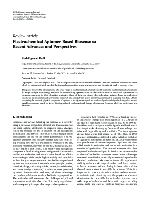 (PDF) Electrochemical Aptamer-Based Biosensors: Recent Advances and ...
