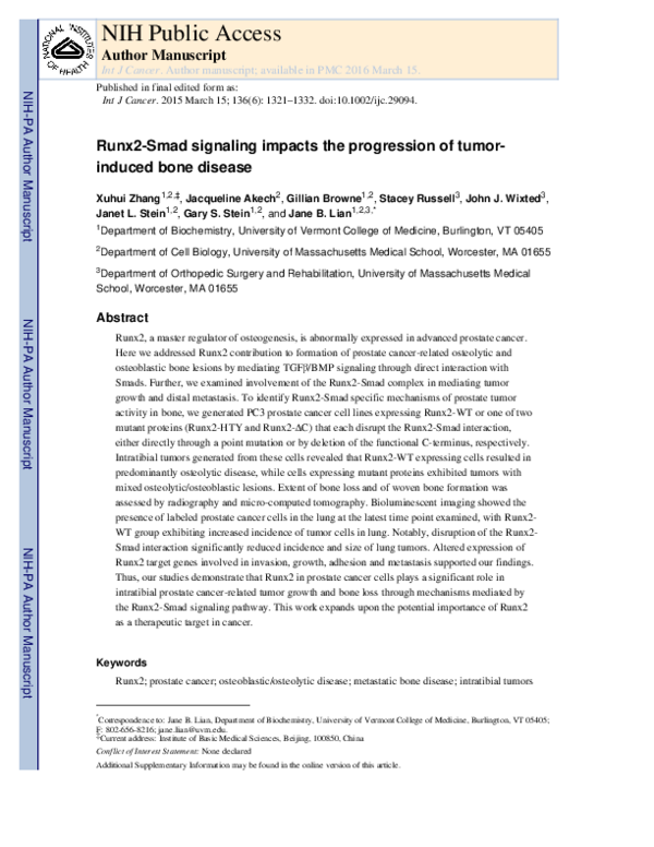(PDF) Runx2-smad signaling impacts the progression of tumor-induced bone disease