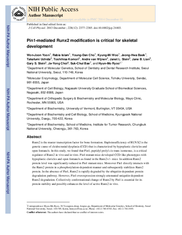 (PDF) Pin1-mediated Runx2 modification is critical for skeletal development