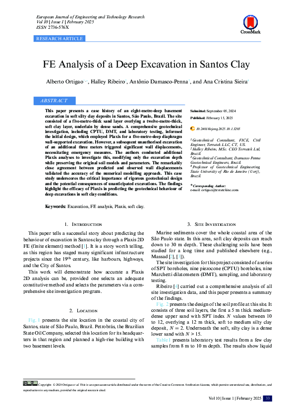 (PDF) FE Analysis of a Deep Excavation in Santos Clay