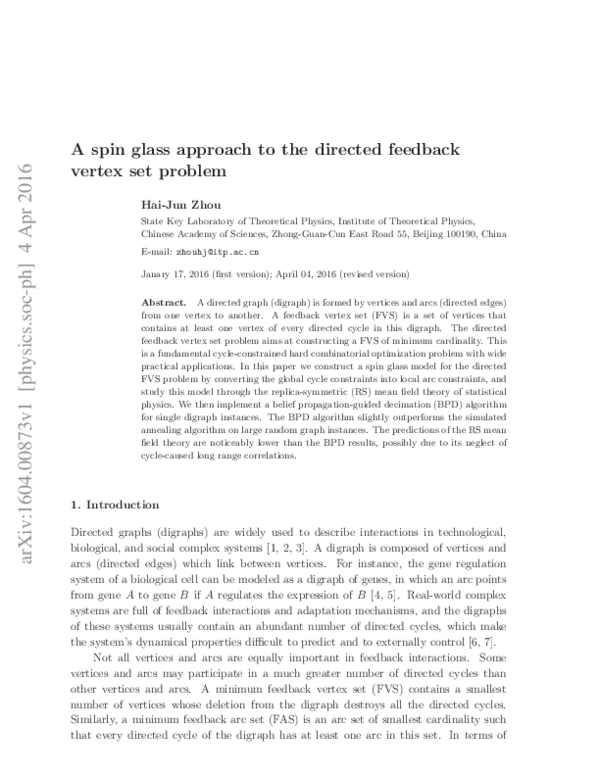 (PDF) A spin glass approach to the directed feedback vertex set problem