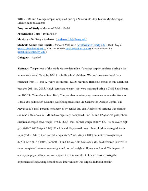(PDF) BMI and Average Steps Completed during a Six-minute Step Test in ...