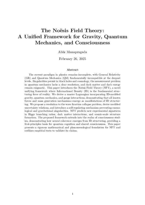 (PDF) The Noësis Field Theory: A Unified Framework for Gravity, Quantum Mechanics, and Consciousness