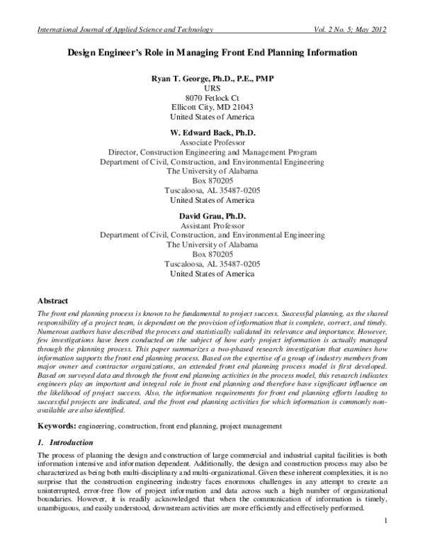 (PDF) Design Engineer's Role in Managing Front End Planning Information