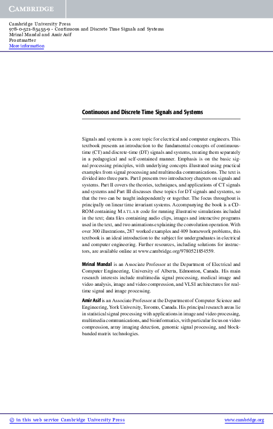 Pdf Continuous And Discrete Time Signals And Systems