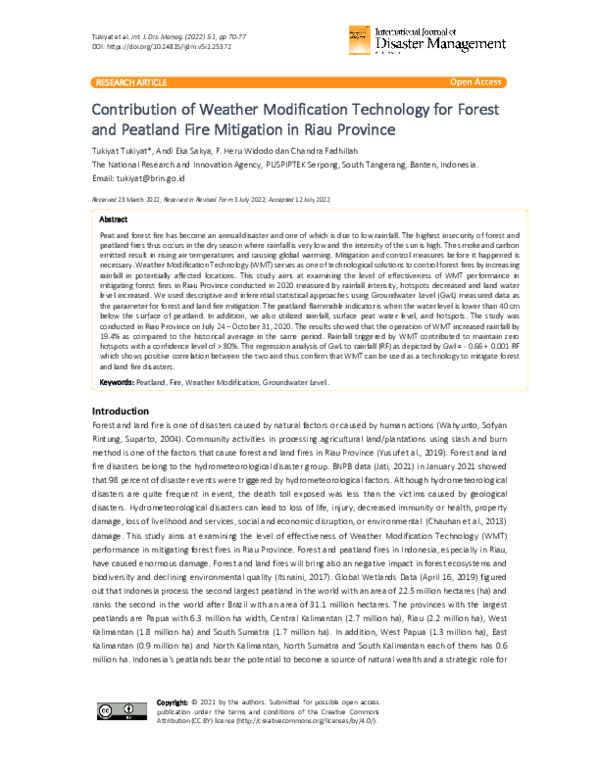 (PDF) Contribution of Weather Modification Technology for Forest and Peatland Fire Mitigation in ...