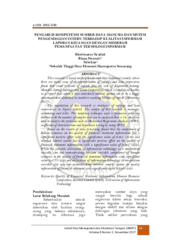 (PDF) Pengaruh Kompetensi Sumber Daya Manusia Dan Sistem Pengendalian Intern Terhadap Kualitas ...