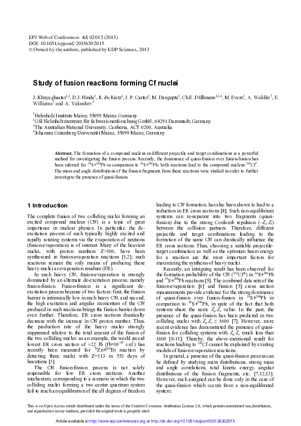 (PDF) Study of fusion reactions forming Cf nuclei