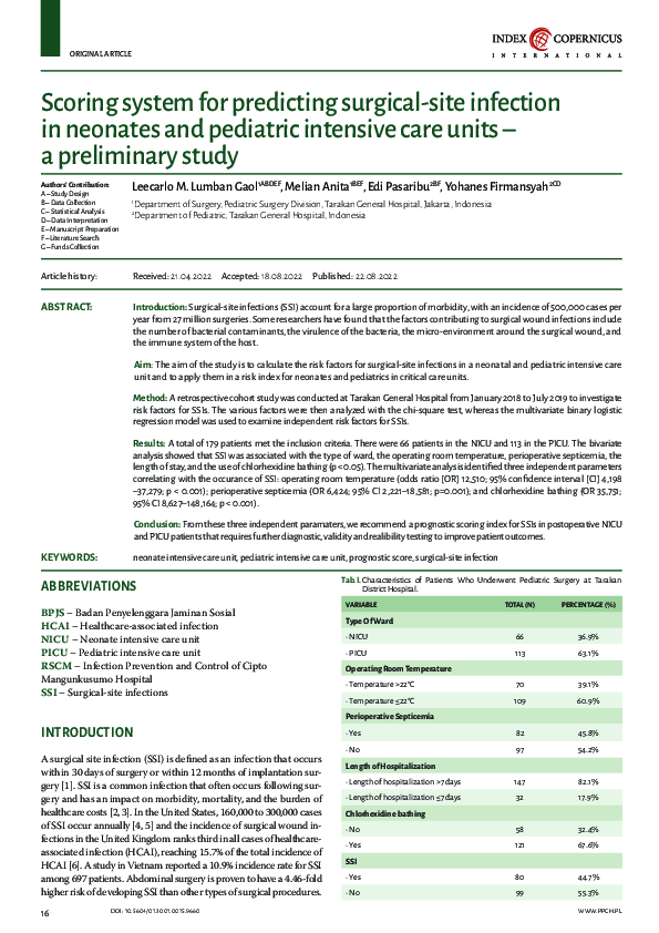 Scoring system for predicting surgical-site infection in neonates and ...