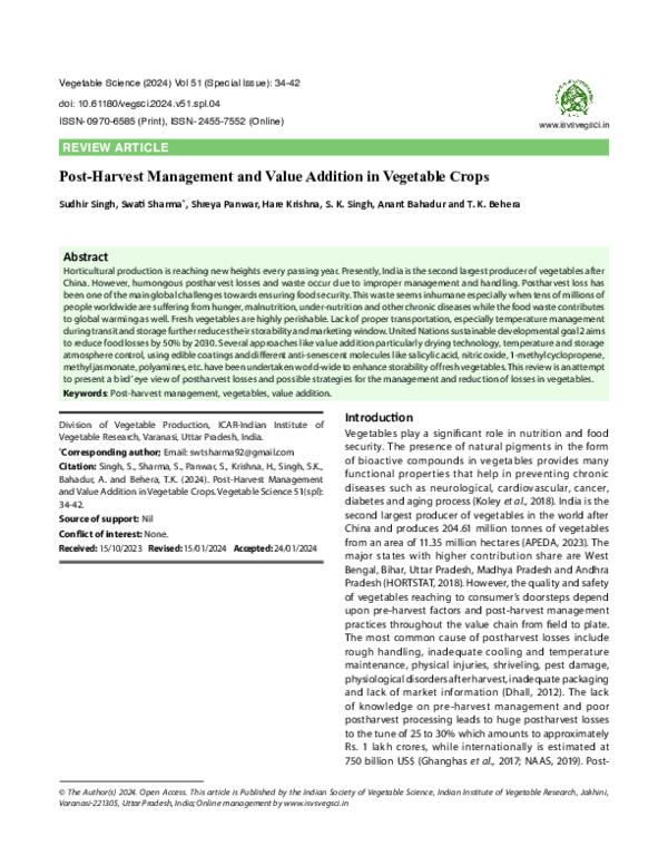 (PDF) Post-Harvest Management and Value Addition in Vegetable Crops