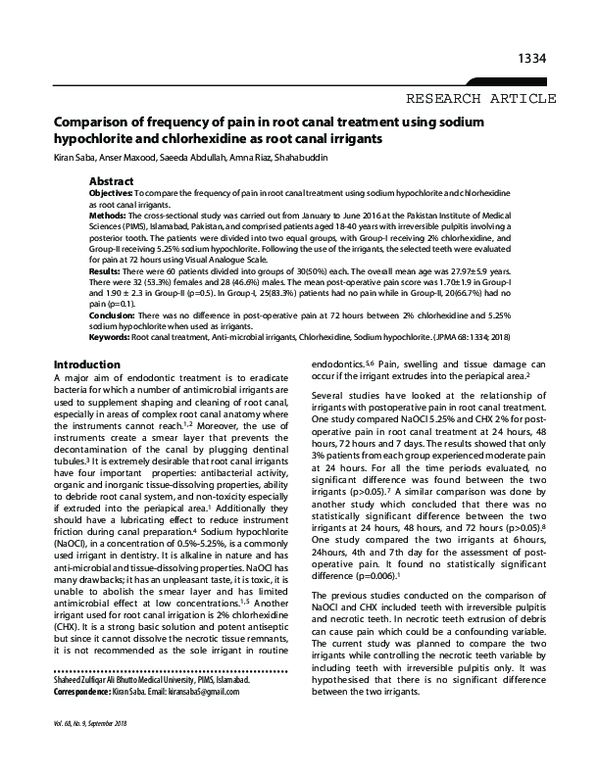 (PDF) Comparison of frequency of pain in root canal treatment using sodium hypochlorite and ...