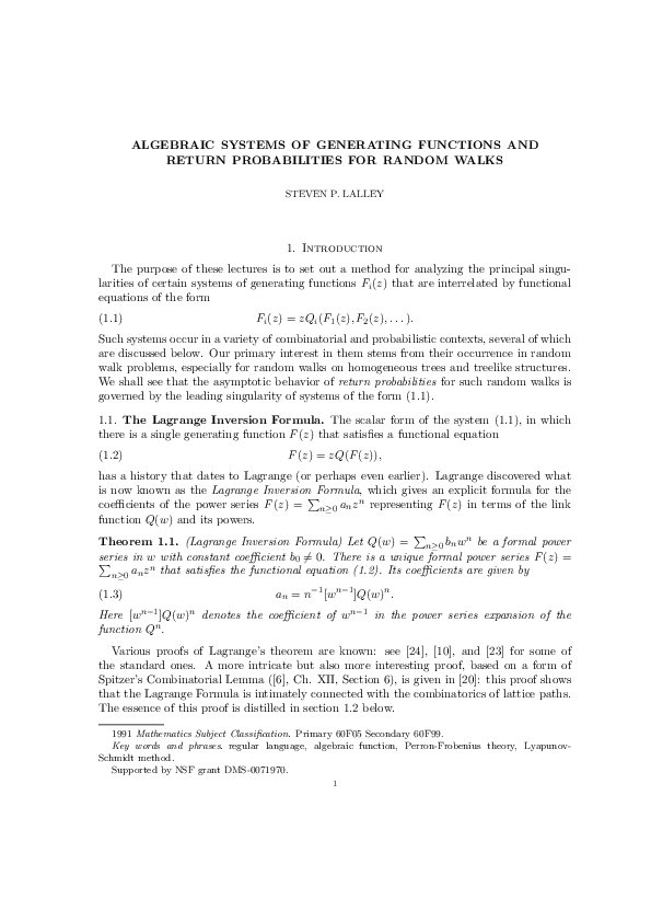 (PDF) Algebraic Systems of Generating Functions and Return Probabilities for Random Walks