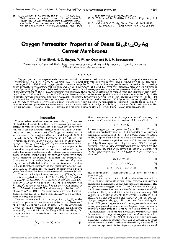 (PDF) Oxygen Permeation Properties of Dense Bi1.5Er0.5 O 3 ‐ Ag Cermet ...