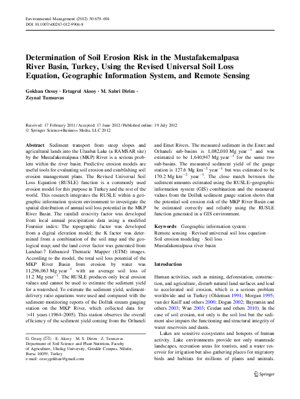 (PDF) Determination of Soil Erosion Risk in the Mustafakemalpasa River ...