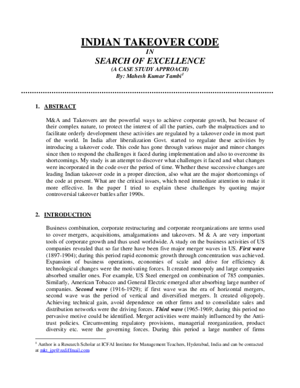 (PDF) Indian Takeover Code in Search of Excellence (A Case Study Approach)