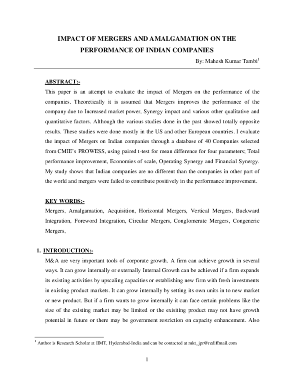 (PDF) Impact Of Mergers And Amalgamation On The Performance Of Indian ...