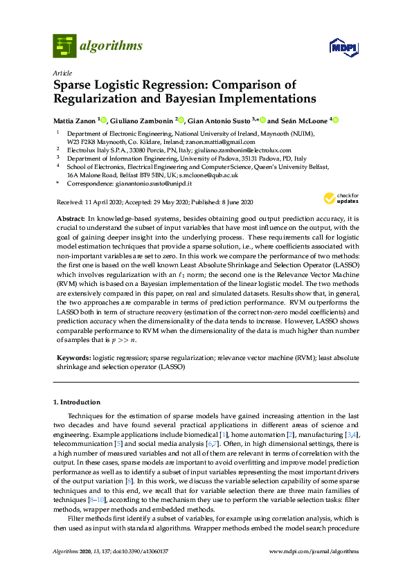 (PDF) Sparse Logistic Regression: Comparison of Regularization and Bayesian Implementations